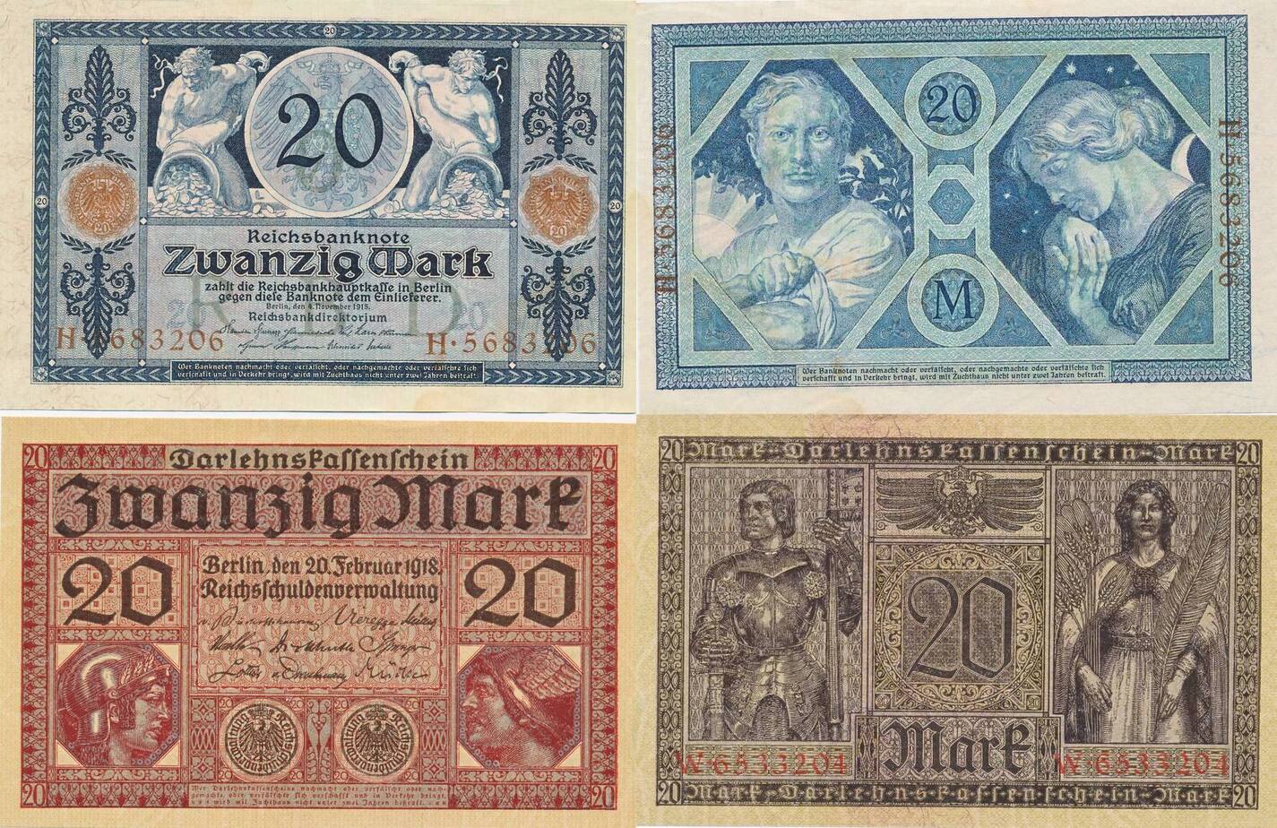 Deutschland Deutsches Reich 20 Mark Darlehenskassenschein 1915 1918 2 Scheine, KN 7stellig, rot ...