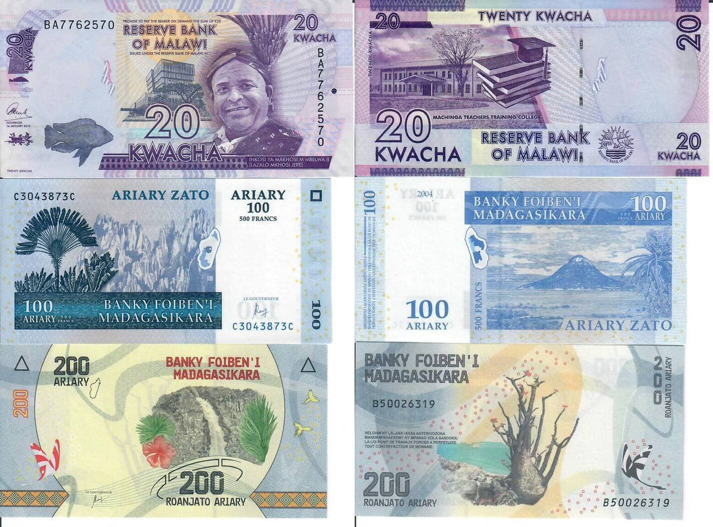 Madagaskar 20 Kwacha 100 200 Ariary o.D.(2017) 2004 2016 Banknote ...