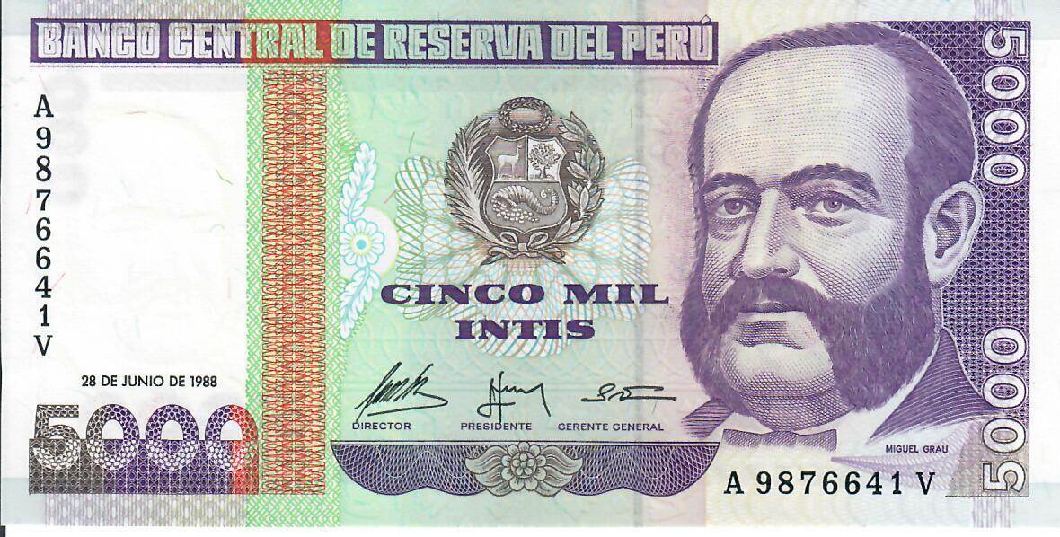 Peru 5000 Intis 1988 Banknote Geldscheine unc | MA-Shops
