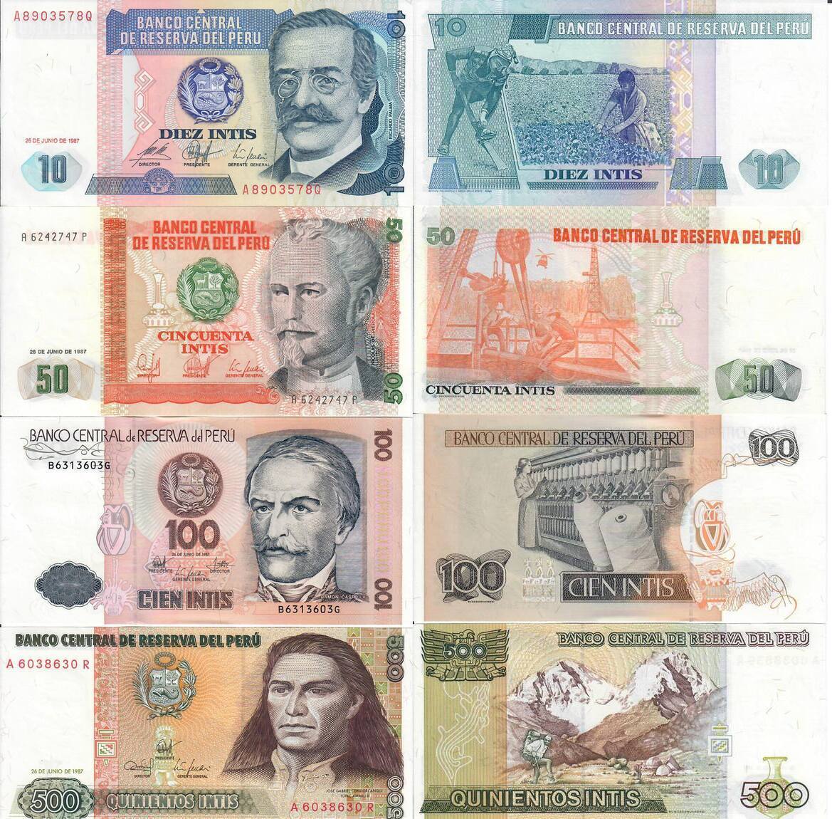 Peru Banknote Geldscheine 10 50 100 500 Intis 1987 (unc) LOT | MA-Shops