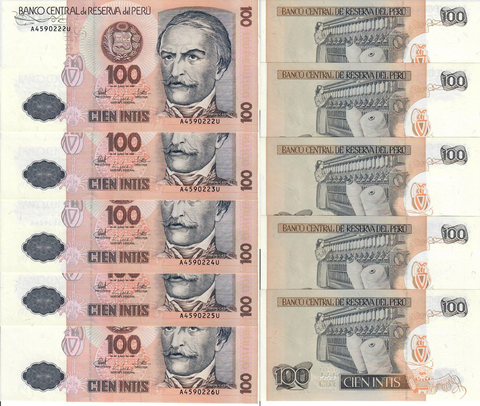 Peru 1987 Banknote Geldscheine 100 Intis Serie: A 4590222 U-26 U (unc ...