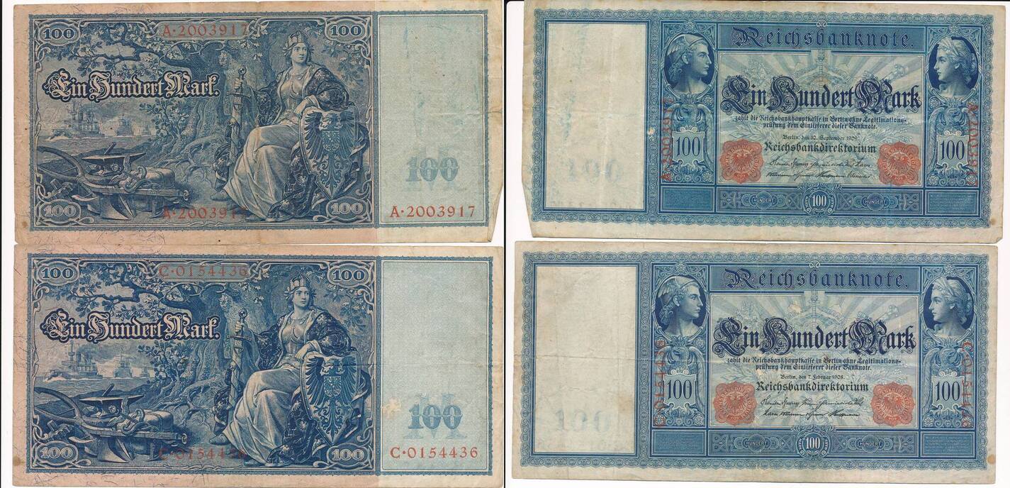Deutsches Reich Deutschland 100 Mark Reichsbanknote, 2 Stück 1908 Langer Hunderter VF | MA-Shops