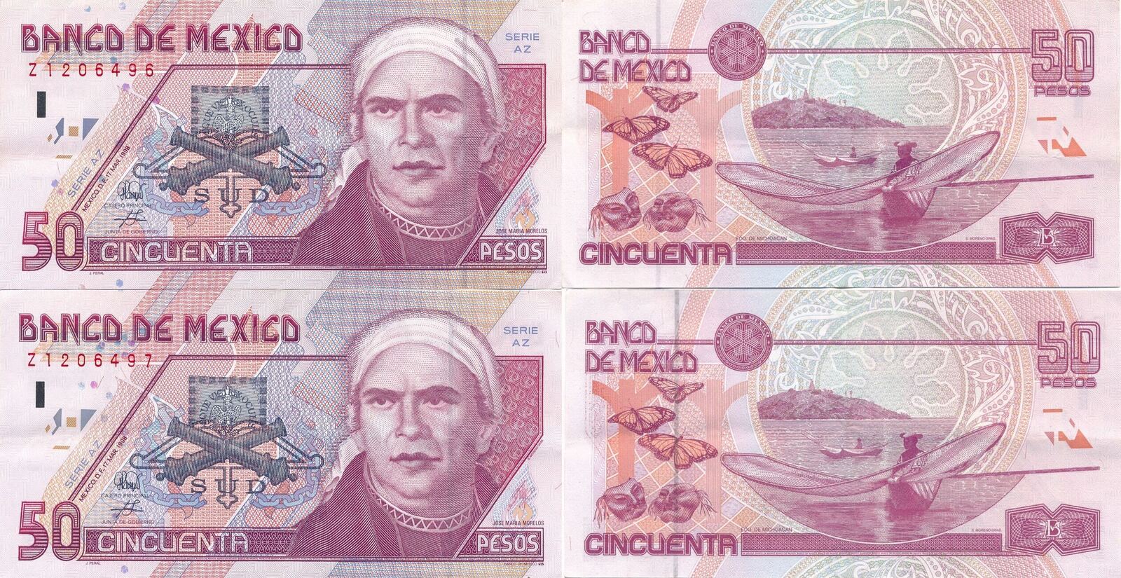Mexico 50 Pesos, 2 Scheine 1998 aufeinanderfolgende Seriennummer, Serie ...