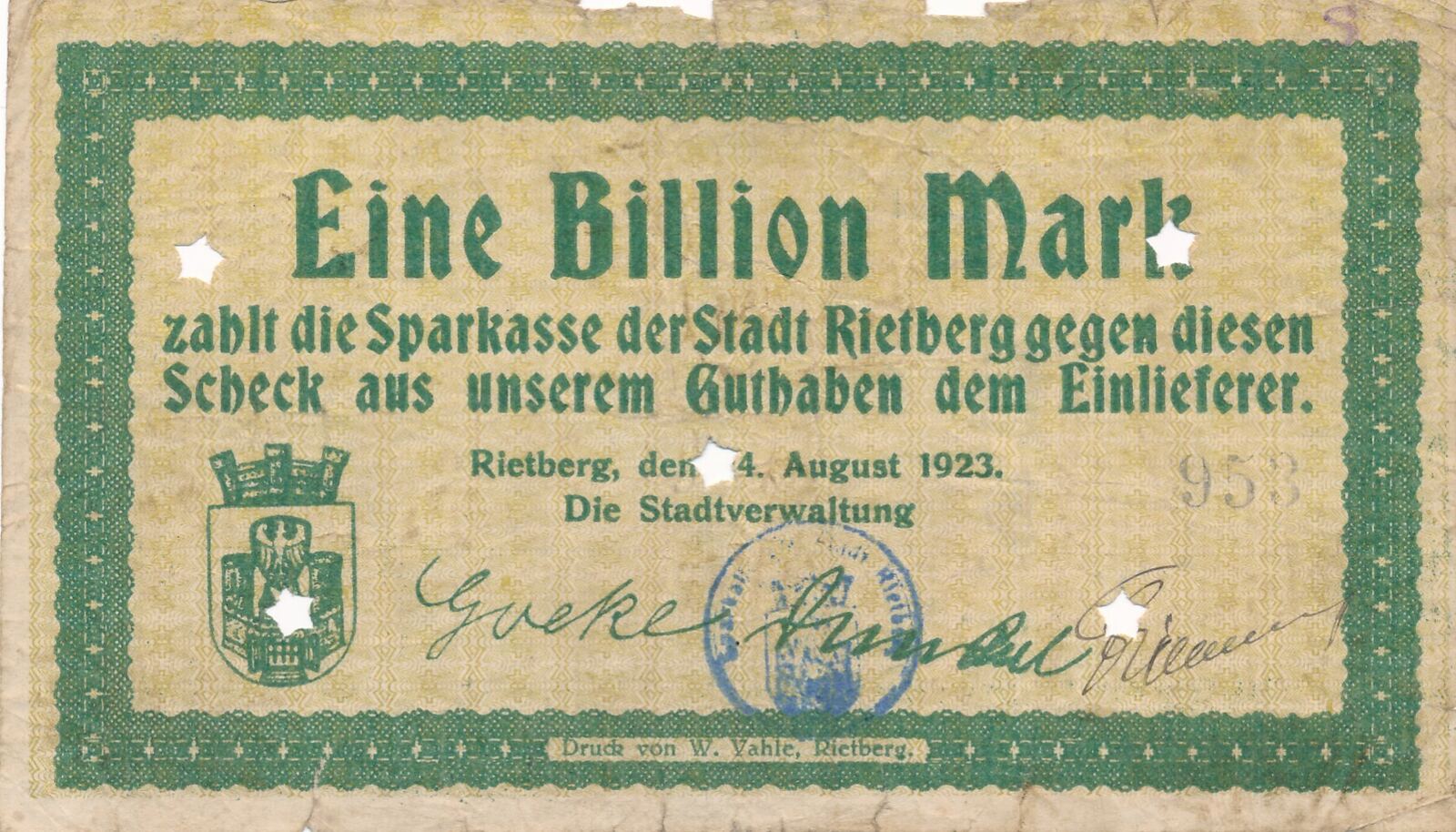 Deutsches Reich Deutschland 1 Billion Mark 1923 Notgeldschein Notgeld ...