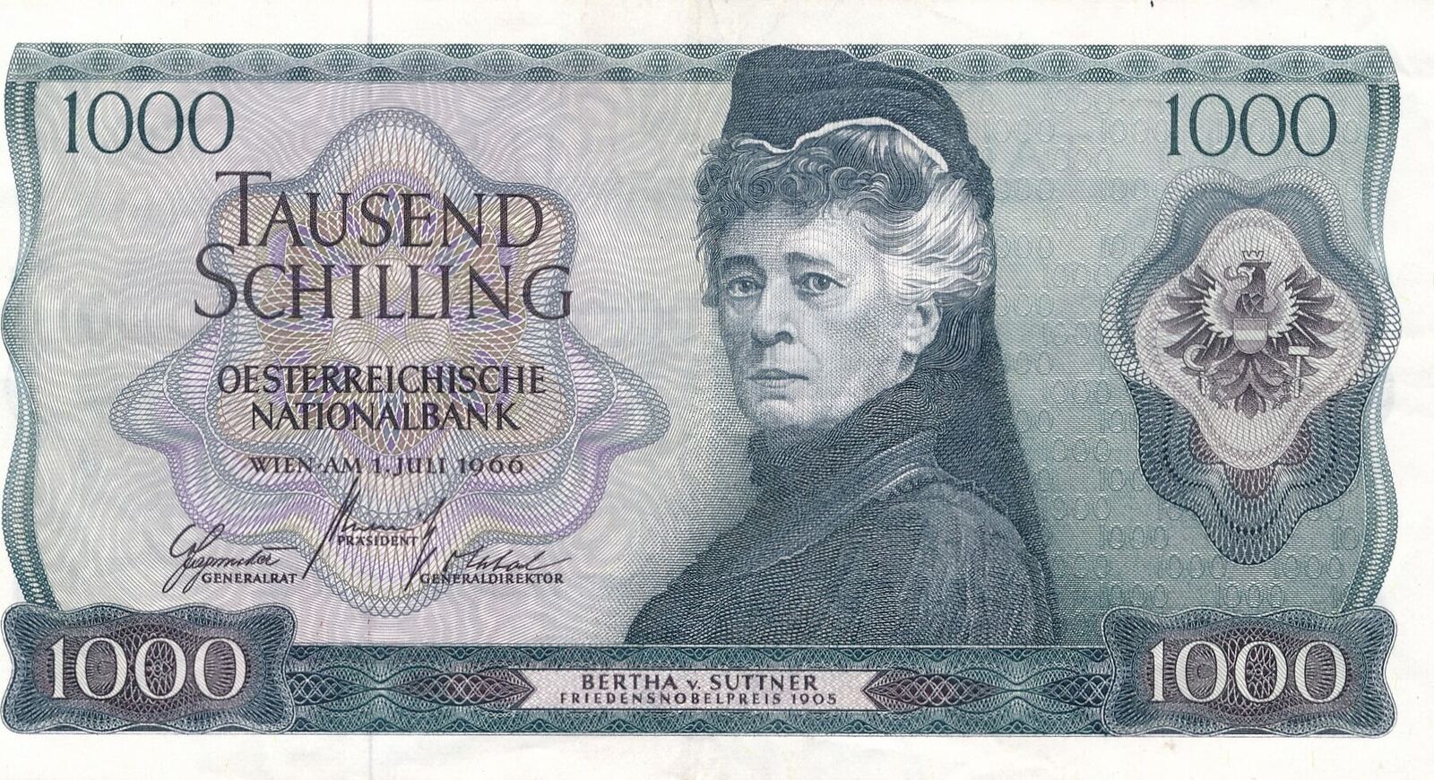 Österreich 1000 Schilling 1966 Geldschein, Bertha von Suttner EF | MA-Shops