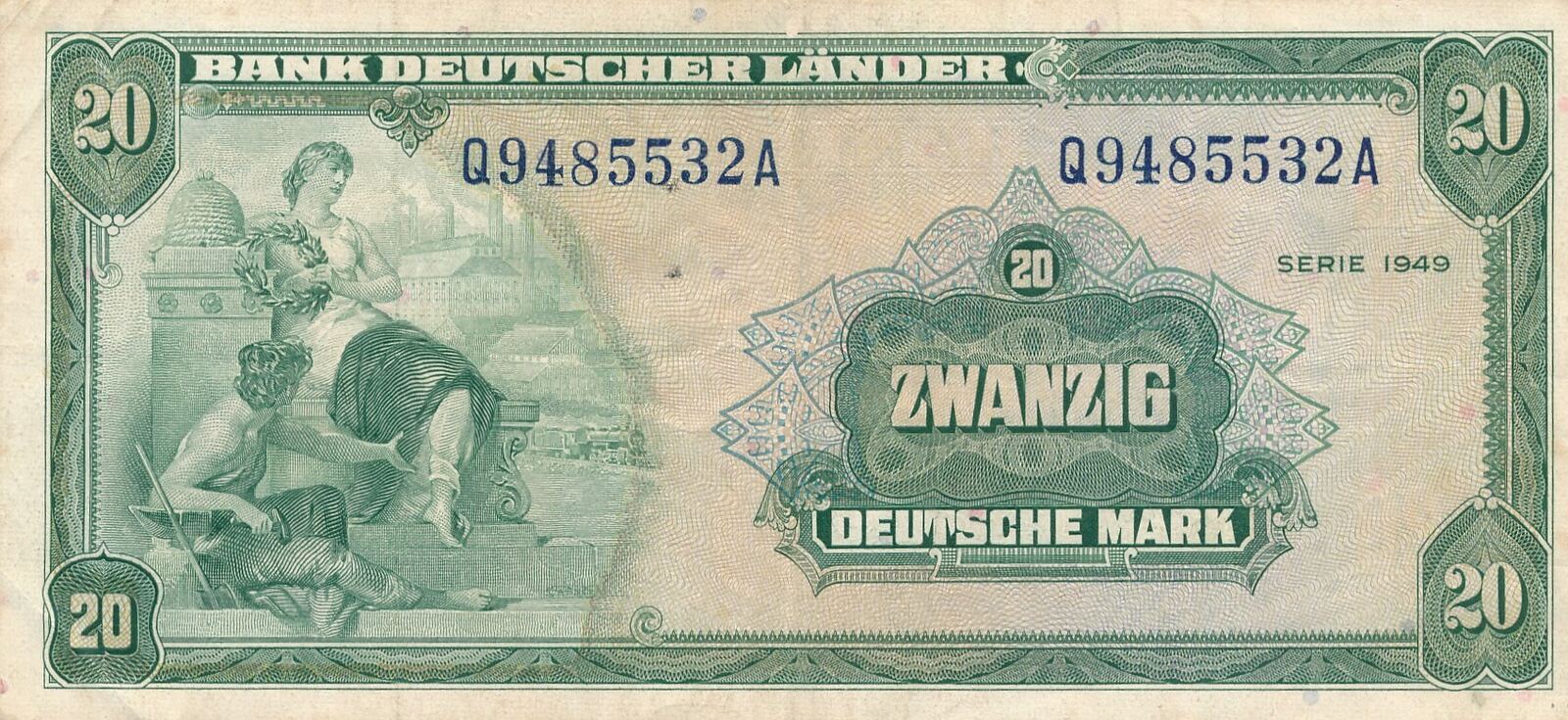 Deutschland BRD Bank Deutscher Länder 20 Deutsche Mark 1949 KN 7stellig ...