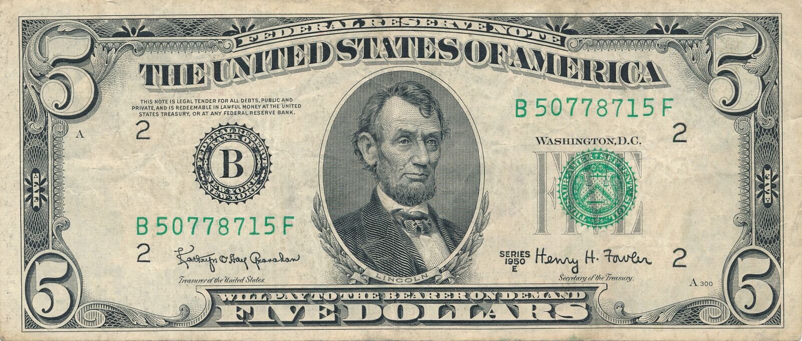 USA - Vereinigte Staaten v. Amerika $ 5 Dollars 1950 Banknote, A ...