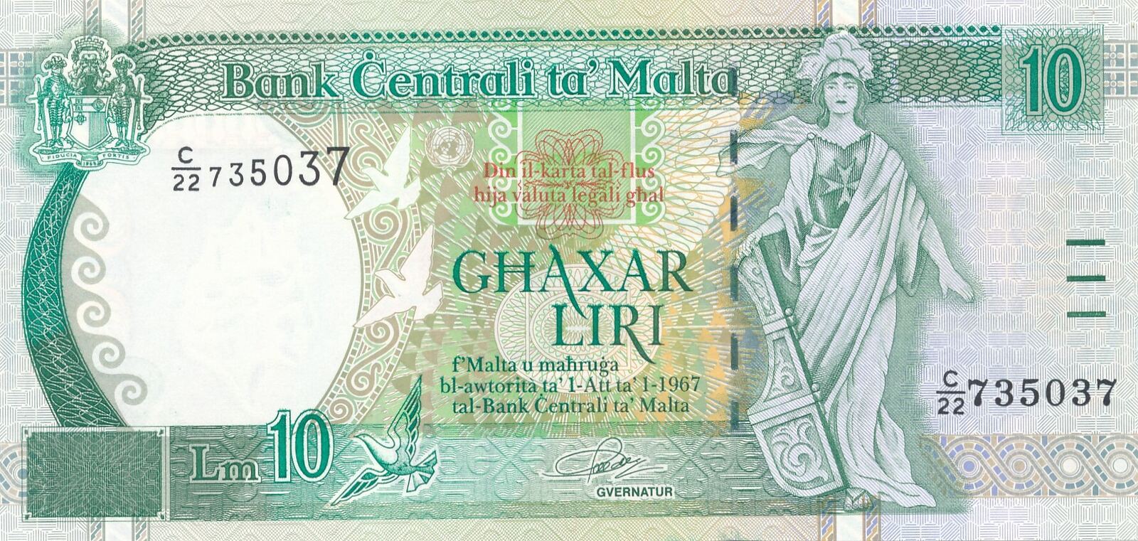 Malta 10 Liri 1967 (1989-1994) Ghaxar Liri unc | MA-Shops