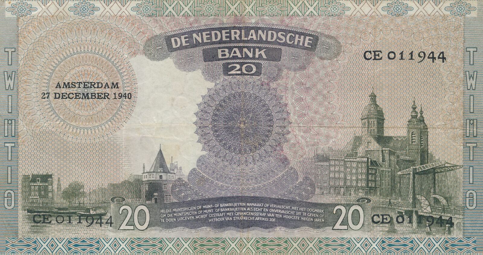 Niederlande 20 Gulden 1940 Twintig Gulden EF Mittelknick | MA-Shops