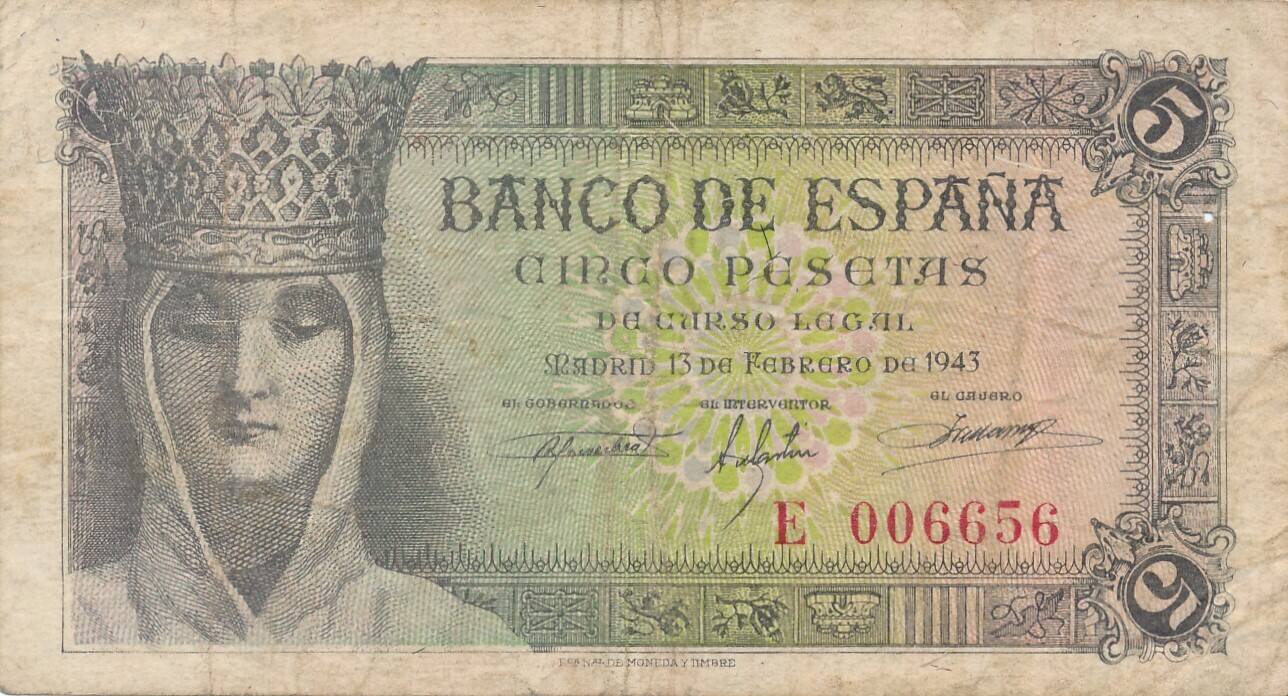 Spanien 5 Pesetas 1943 Banco De Espana VF m. Riss | MA-Shops