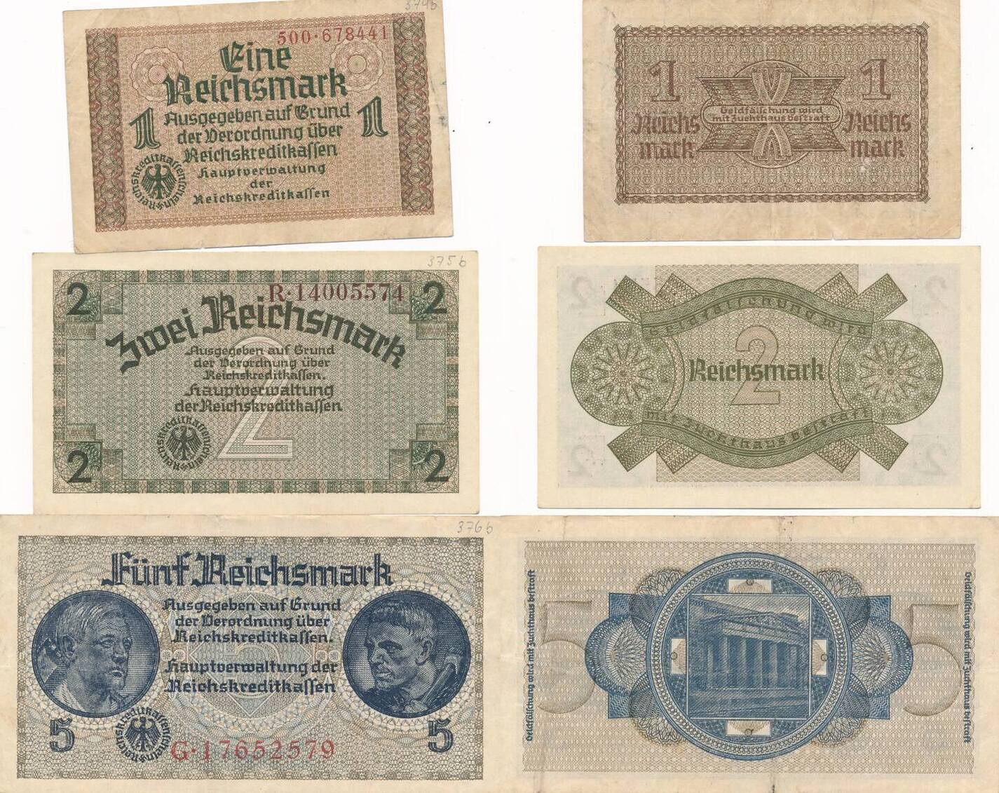 Deutschland Drittes Reich 1, 2, 5 Reichsmark 3x Scheine, Deutsche ...