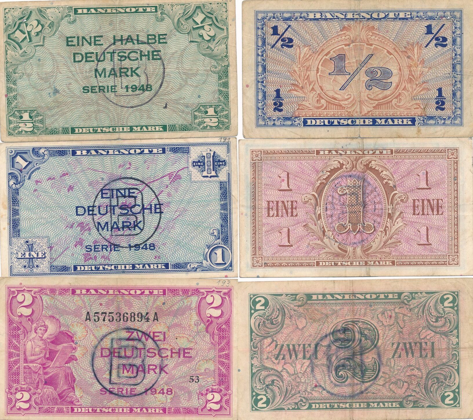 Deutschland BRD Bank Deutscher Länder 1/2, 1, 2 Deutsche Mark 1948 3x ...