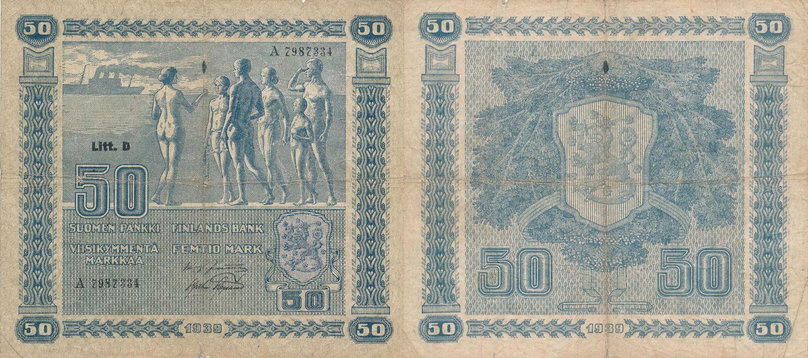 Finnland Finland 50 Markka 1939 VF-, m. Riss | MA-Shops