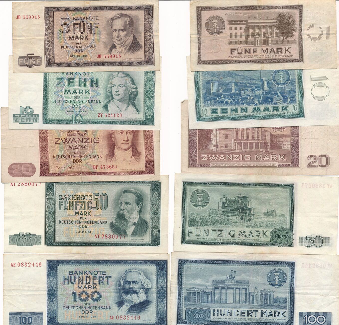 Deutschland DDR 5, 10, 20, 50, 100 Mark, 5 Scheine 1964 Deutsche ...