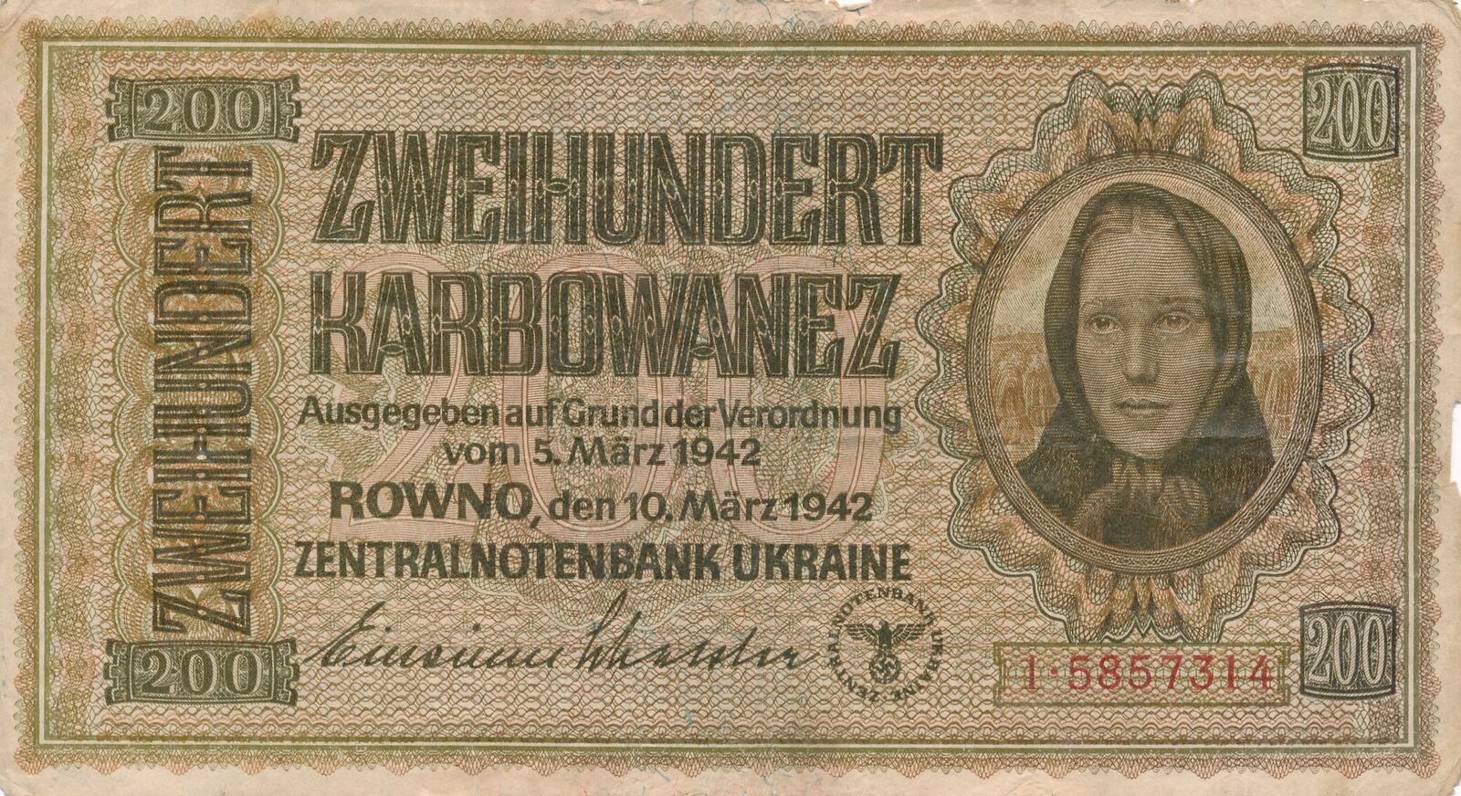 Deutschland Drittes Reich,Ukraine 200 Karbowanez 1942 Deutsche ...