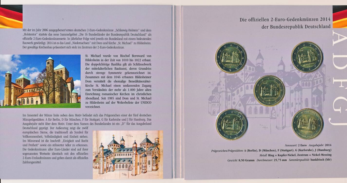 Deutschland- Niedersachsen 5x Euro ADFGJ 2014 Satz 2-Euro-Gedenkmünzen ...