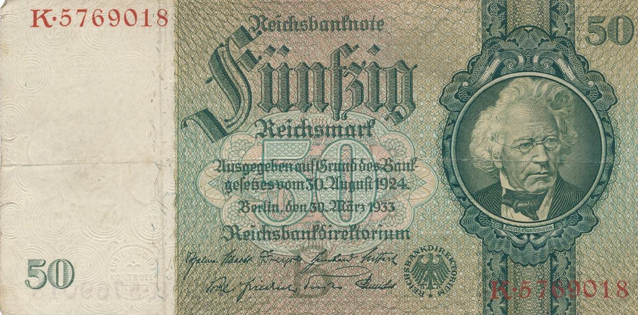 Deutschland 50 Reichsmark 1933 Reichsbanknote Udr.-Bst. B Serie K Kn 7 ...