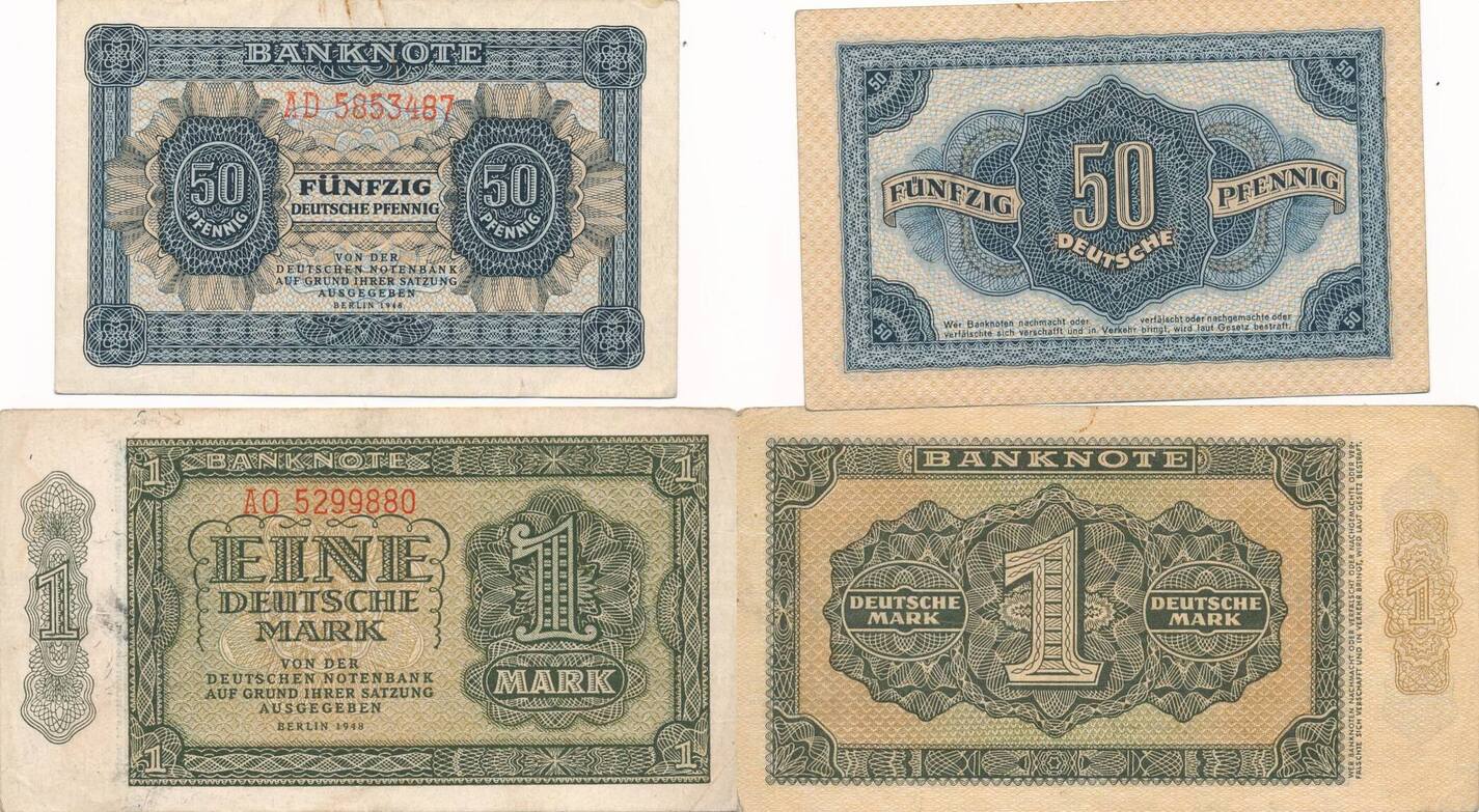 Deutschland BRD DDR 50 pfennig, 1 Mark, 2 Scheine 1948 KN 7stellig ...