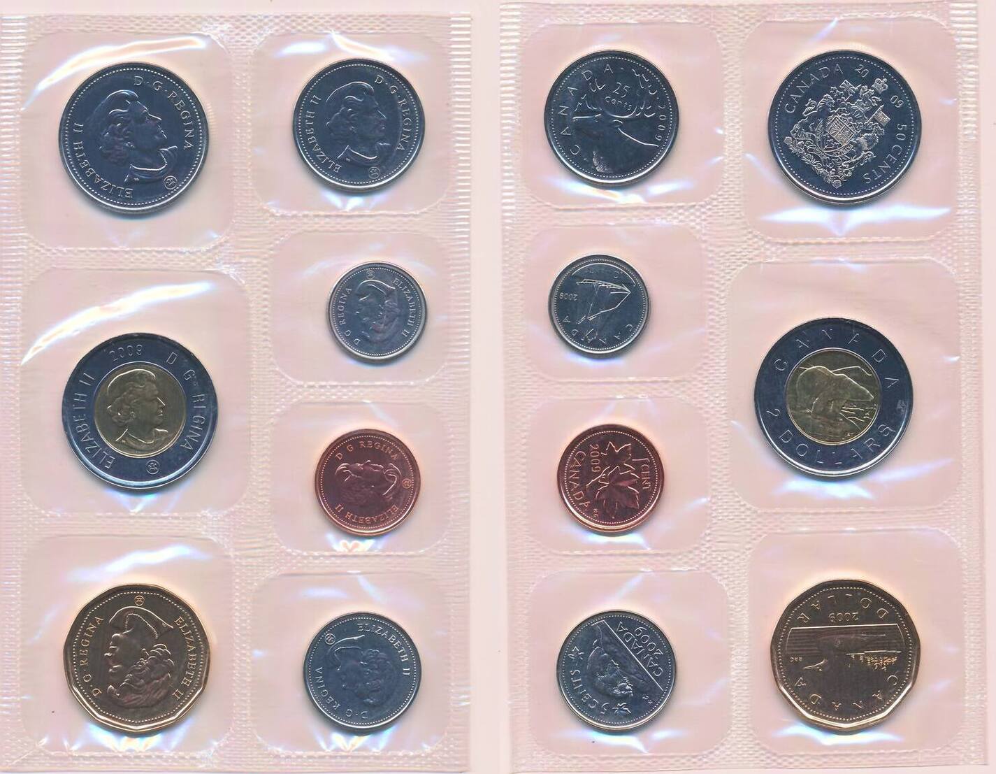 Canada 1, 5, 10, 25 Cents, 1 und 2 Dollars 2009 KMS, Kursmünzensatz, 7x ...