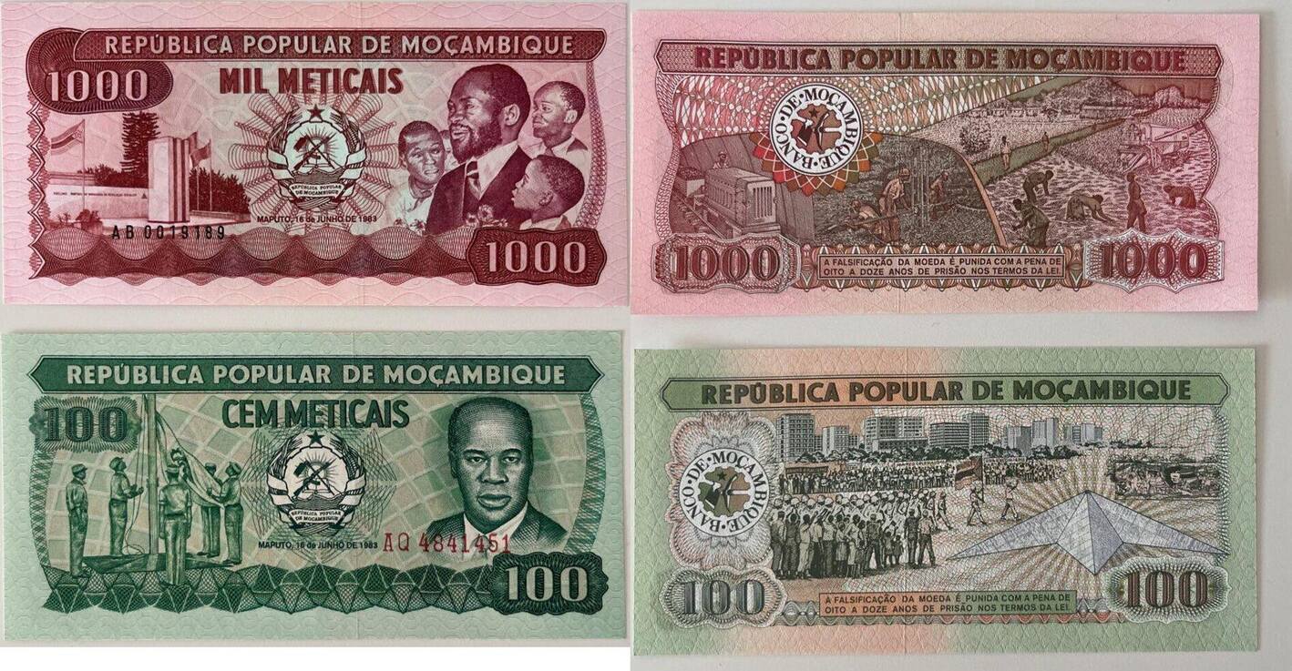 Mozambique 1000 Meticais, 100 Meticais 1983 2 Scheine I | MA-Shops