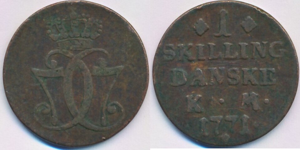 Dänemark 1 Skilling 1771 K.M. Christian VII. 1766-1808 VF- | MA-Shops