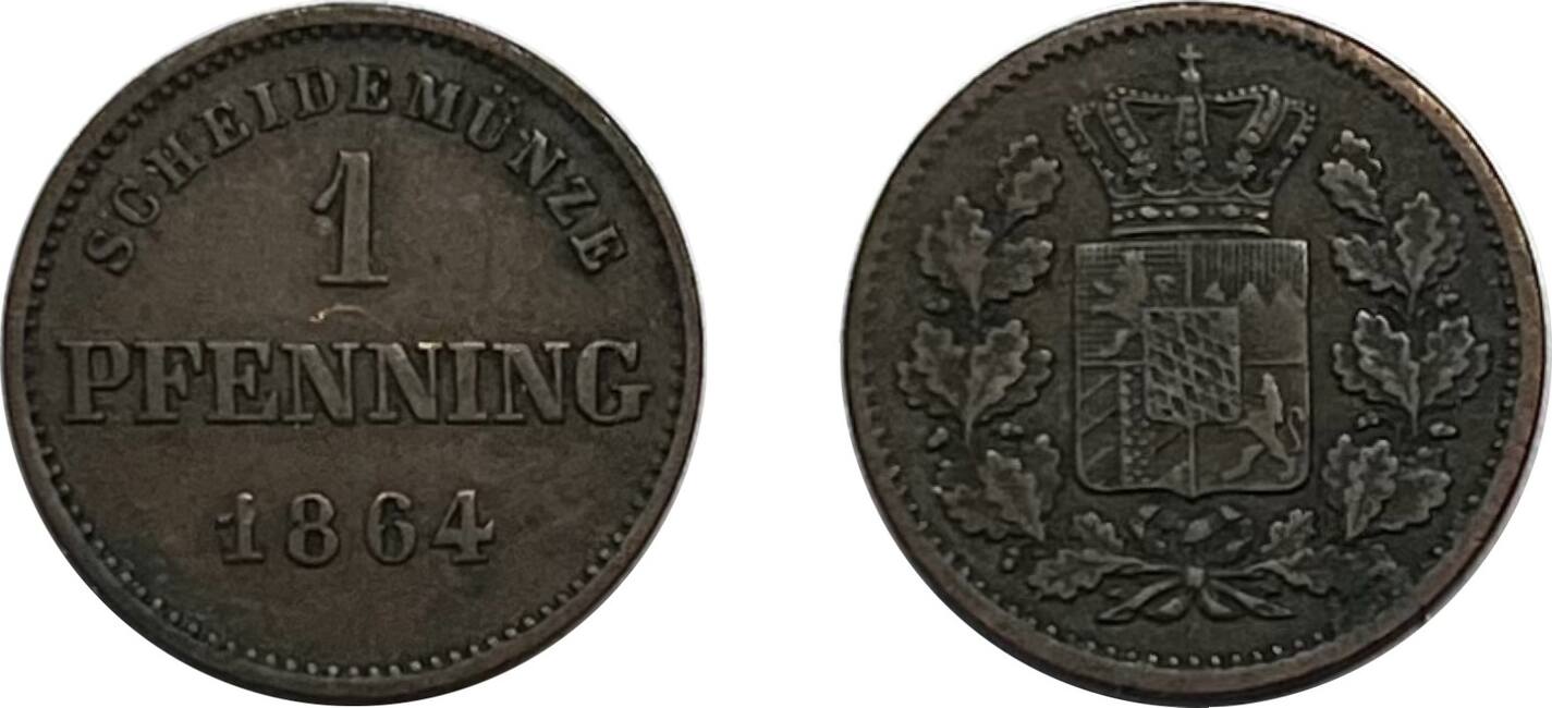 Altdeutschland/ Bayern 1 Pfennig 1864 Maximilian II. Joseph VF | MA-Shops