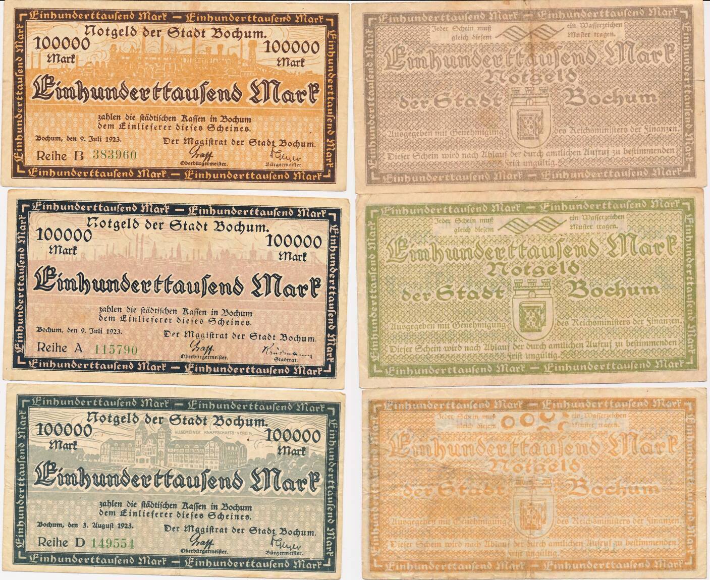 Deutsches Reich Deutschland 100 tausend Mark 1923 3x Notgeldschein ...