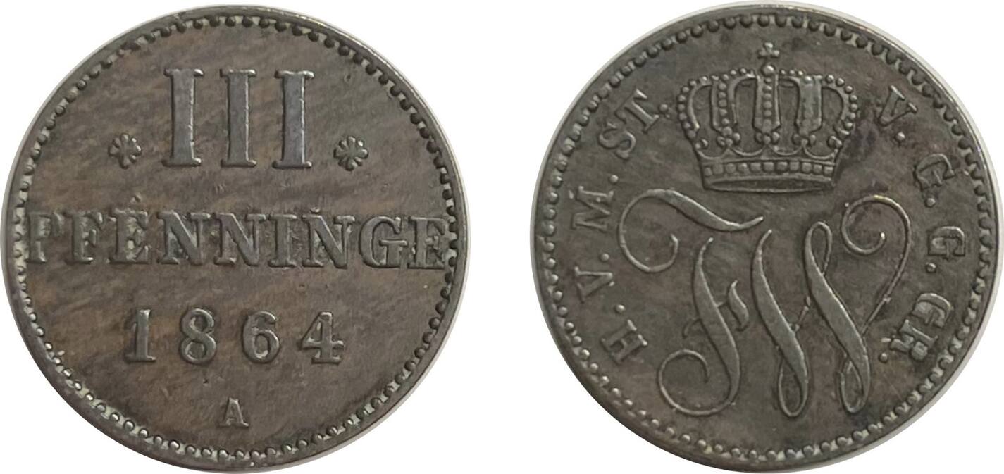 Altdeutschland/ Mecklenburg-Schwerin 3 Pfennig 1864 A VF | MA-Shops