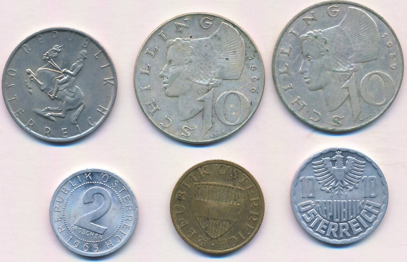 Österreich 2.Republik 2, 10, 50 Groschen, 5 und 10 Schilling 1959, 1965 ...