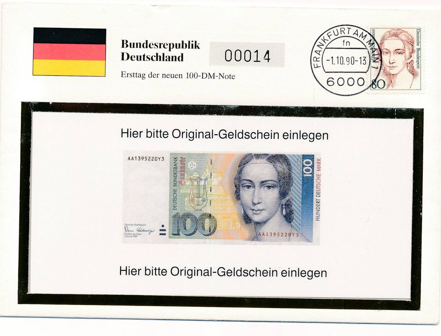 Deutschland BRD 100 Deutsche Mark DM 1.10.1990 Ersttag der 100 DM Note ...