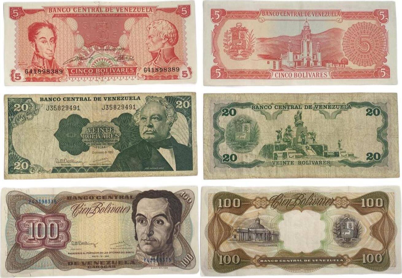 Venezuela 5,20,100 Bolivares 1989,1992,1992 Banknoten 3 Stück Lot AU-55 ...
