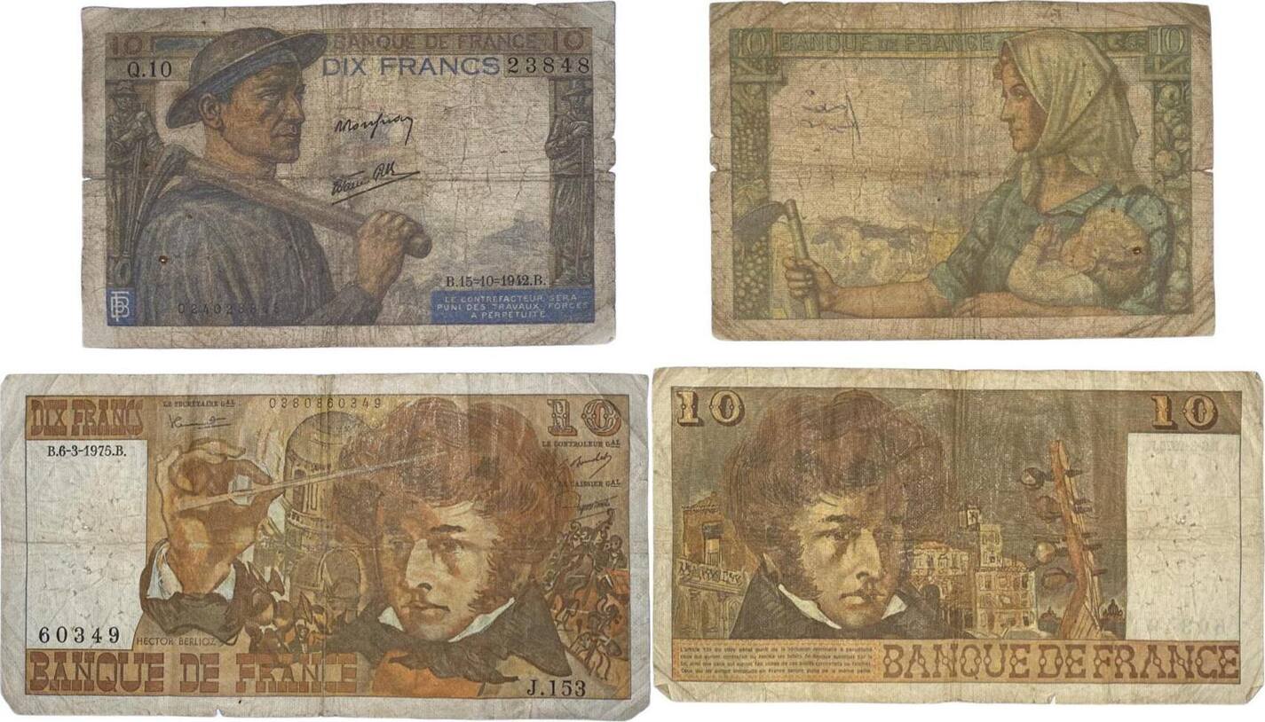 Frankreich 2 verschiedene 10 Francs 1942,1975 Banknoten 2 Stück Lot ...