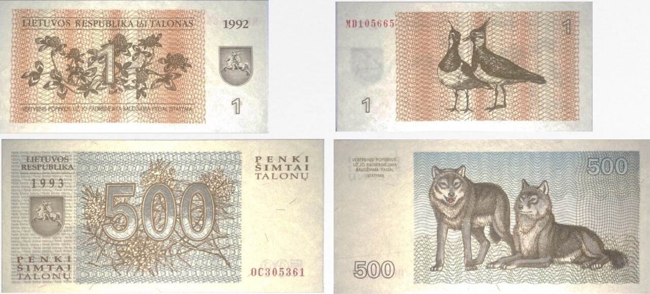 Litauen, Lithuanian 1 Talon, 500 Talonu 1992,1993 Banknoten 2 Stück Lot ...