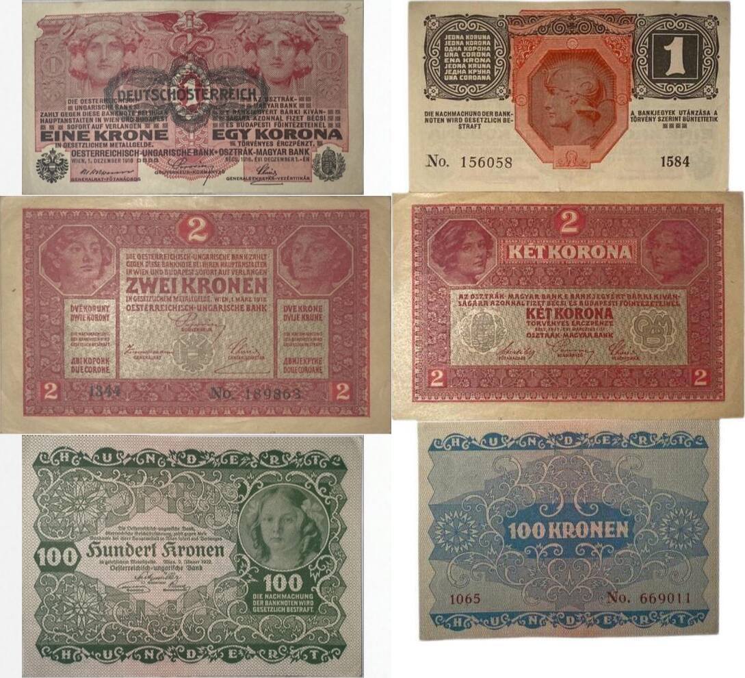 Österreich 1 Krone,2 Kronen,10 Kronen 1918,1917,1922 Banknoten 3 Stück ...
