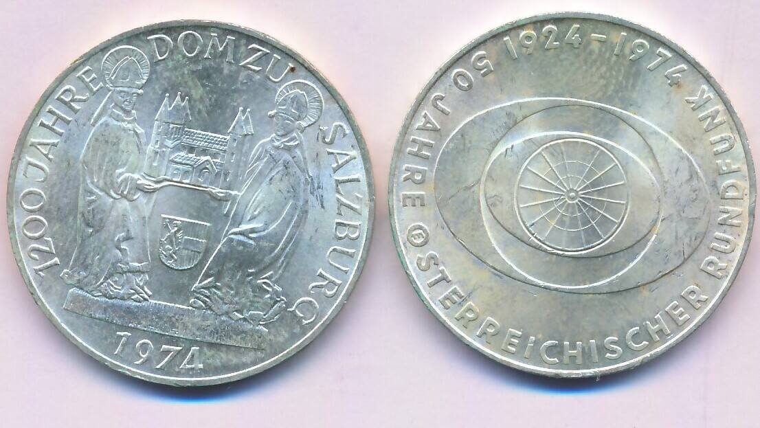 Österreich 2x 50 Schilling 1974 50 Jahre österreichischer Rundfunk ...