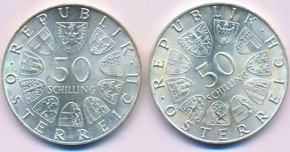 Österreich 2x 50 Schilling 1974 50 Jahre österreichischer Rundfunk ...