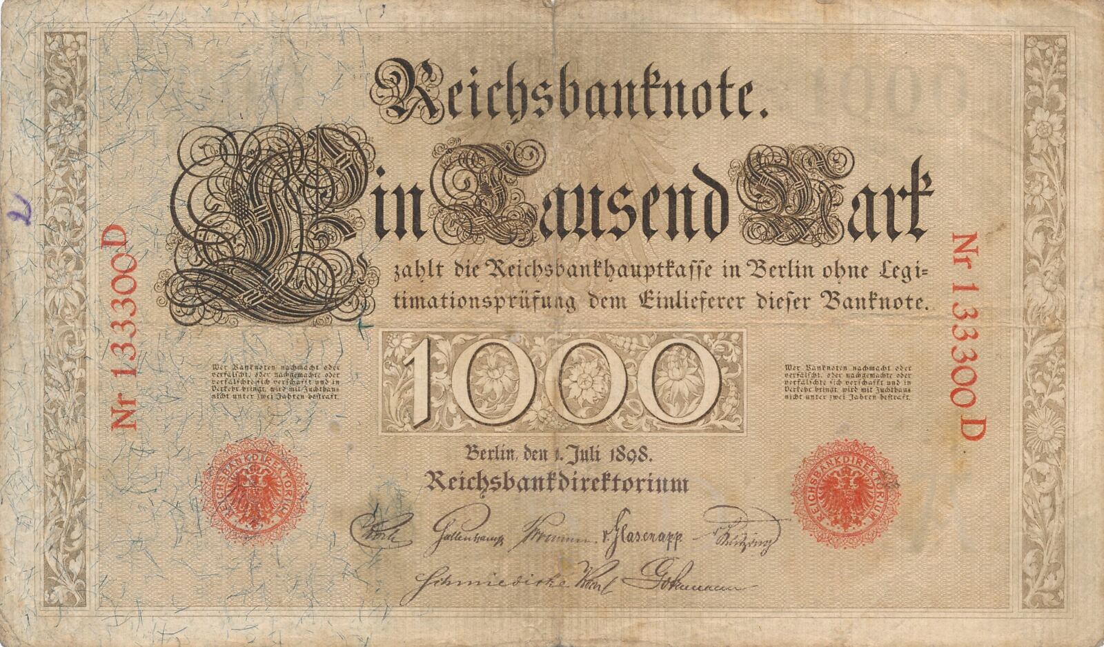 Deutsches Reich Deutschland 1000 Mark Reichsbanknote 1898 Serie: D, Udr ...