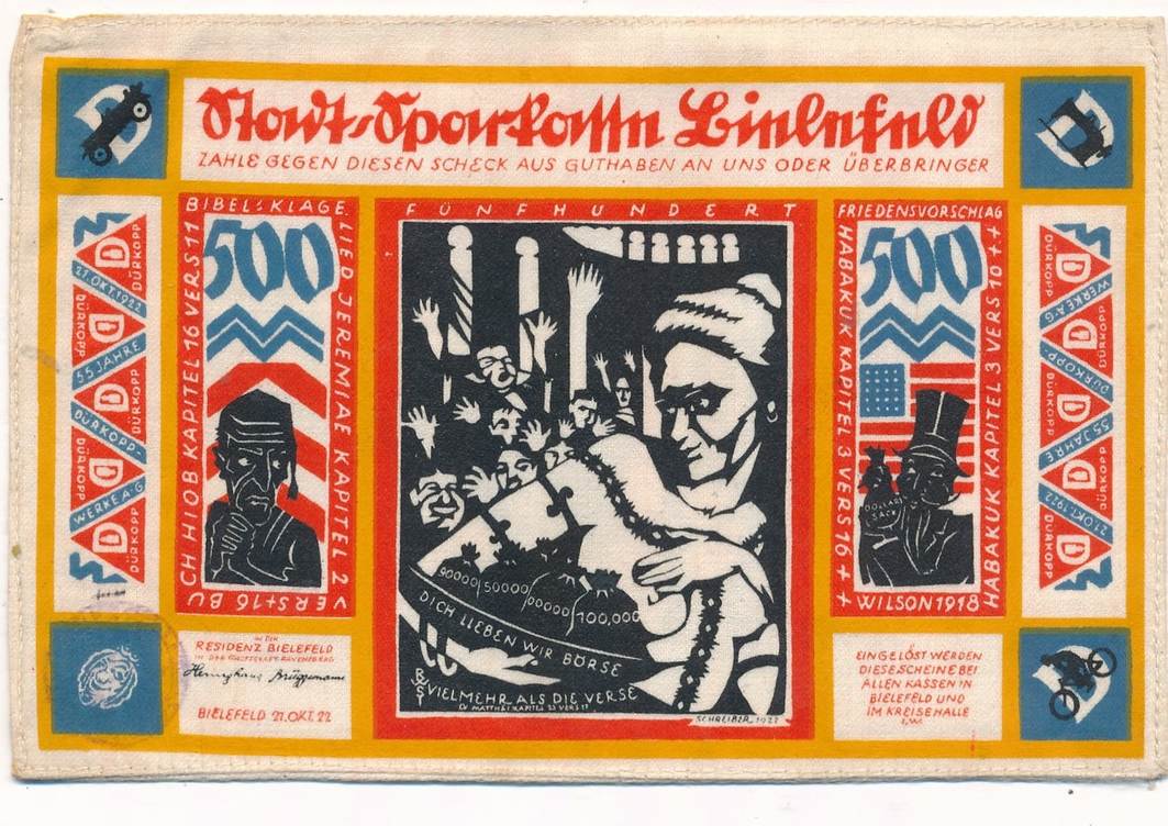 Bielefeld 500 Mark 1922 Seide weiß,1.Ausgabe,links Gedicht 1. Strophe ...