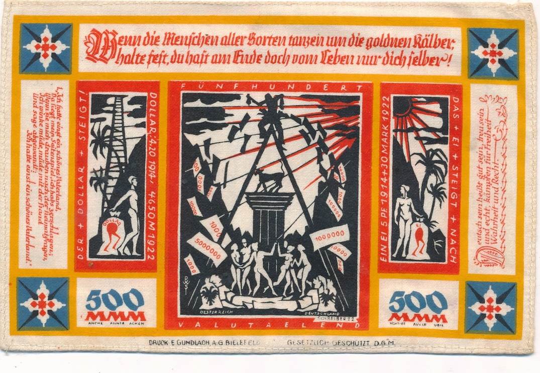Bielefeld 500 Mark 1922 Seide weiß,1.Ausgabe,links Gedicht 1. Strophe ...