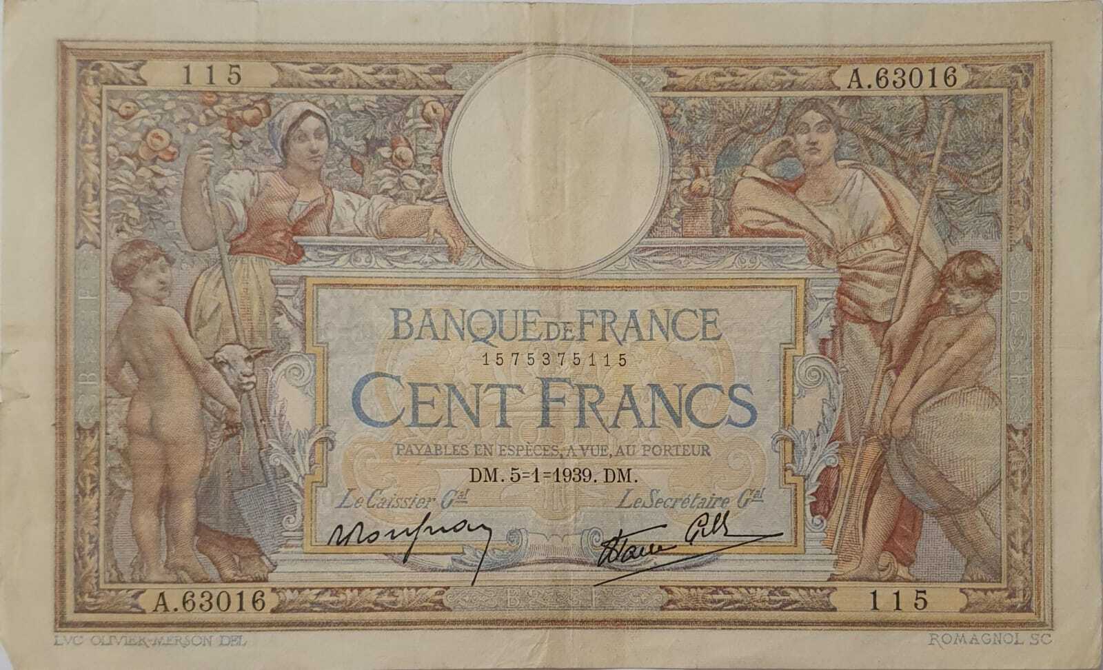 Frankreich 100 Francs 1939 Banknote VF+ | MA-Shops