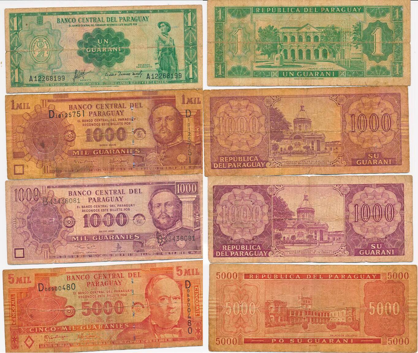 Paraguay 1 Guarani, 1000 und 5000 Guaranies (1952), 2001, 2005 4x ...