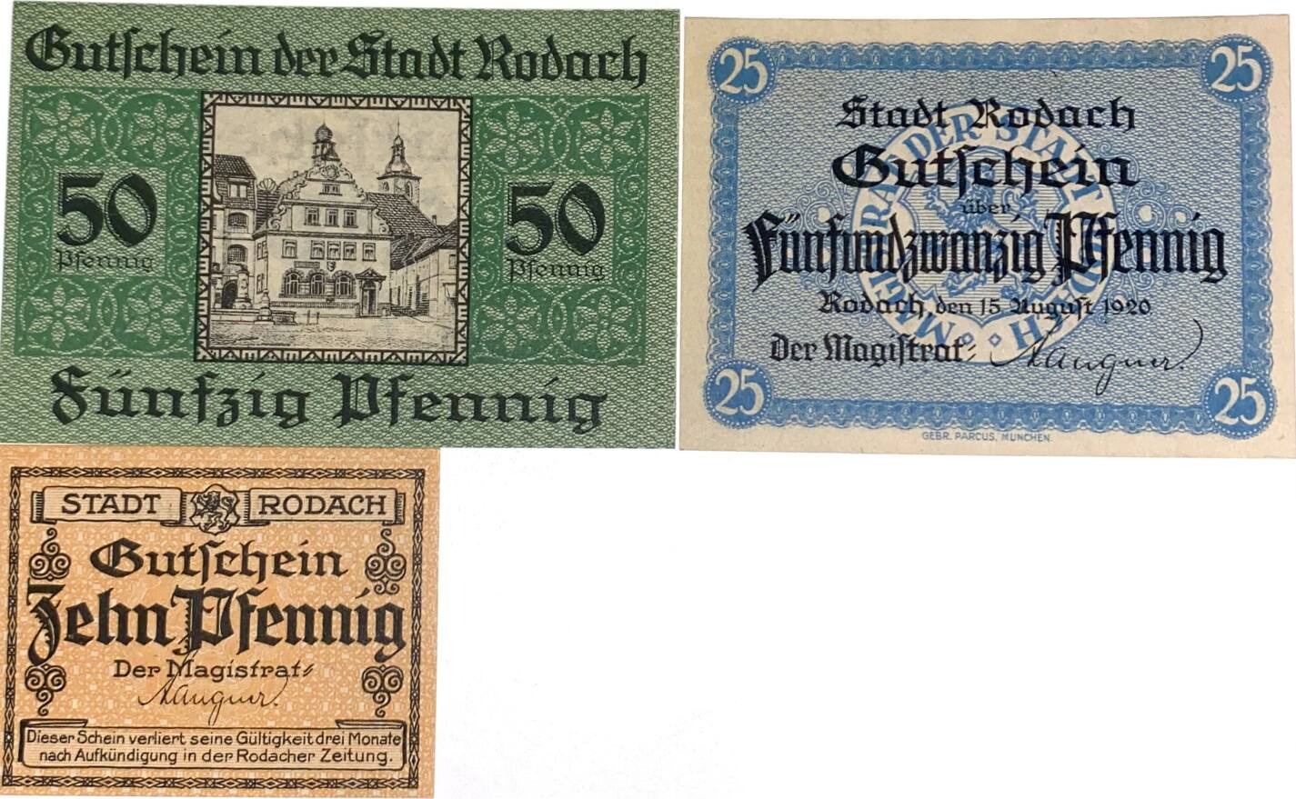Deutschland Deutsches Reich 10, 25, 50 Pfennig 1920 Notgeldschein Notgeld Rodach Bayern 3 ...