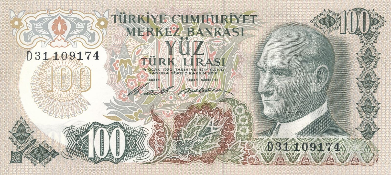 Türkei Türkiye 100 Türk Lirasi 1970 (1972) 6. Emisyon 1. Tertip unc ...