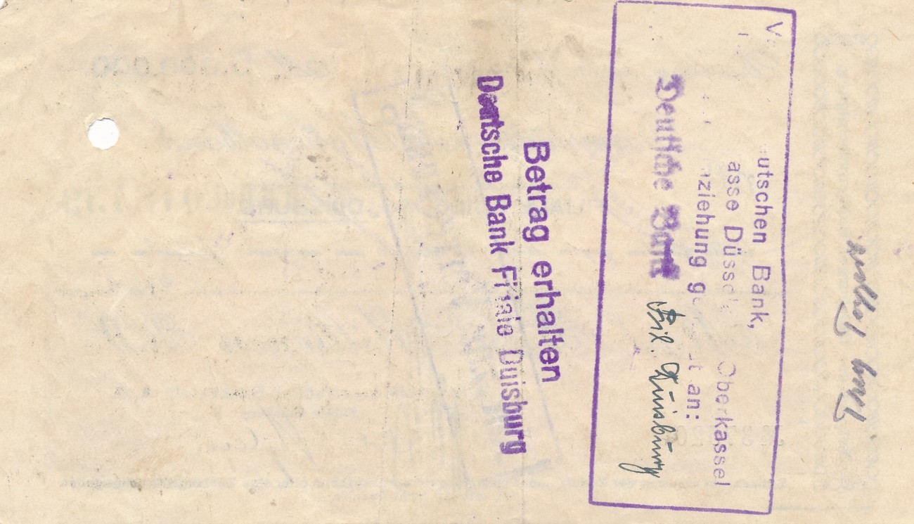 Duisburg 5 Millionen Mark 1923 Scheck mit Stempel Bank Düsseldorf ...