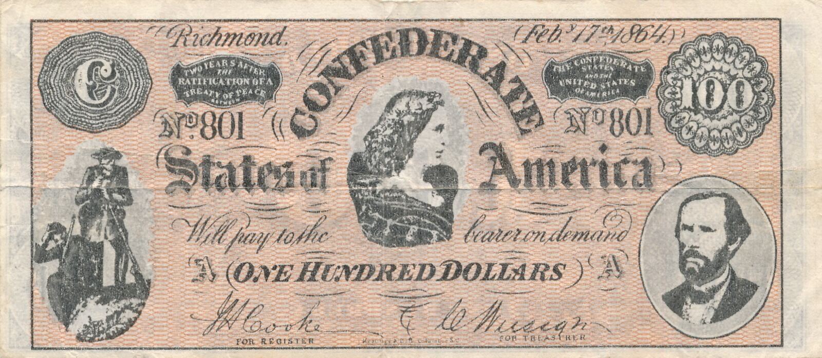 Konföderierte Staaten von Amerika 100 Dollars 1864 IV+ | MA-Shops