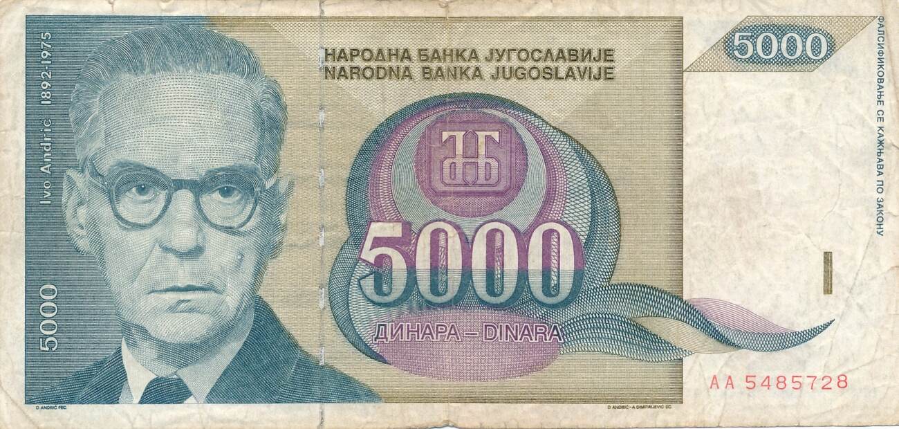 Jugoslawien 5000 Dinara 1992 IV, F | MA-Shops