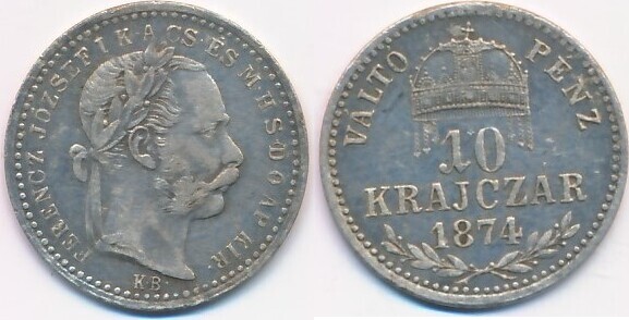 Haus Habsburg Ungarn 10 Krajczar 1874 KB Franz Joseph I. (1848-1916) VF+ | MA-Shops