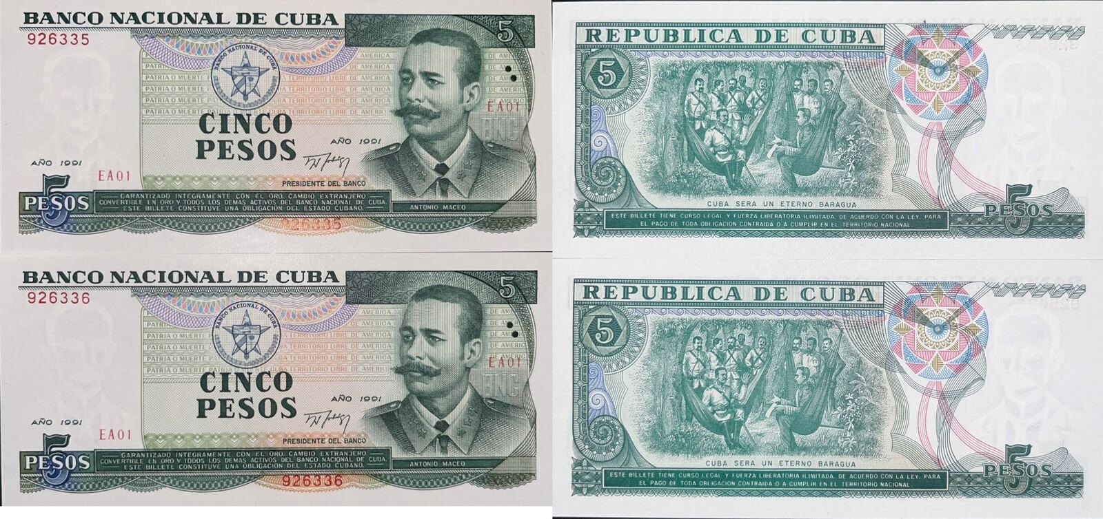 Kuba 5 Pesos 1991 zwei folgende Seriennummer, 926335-6, Banknote I | MA ...