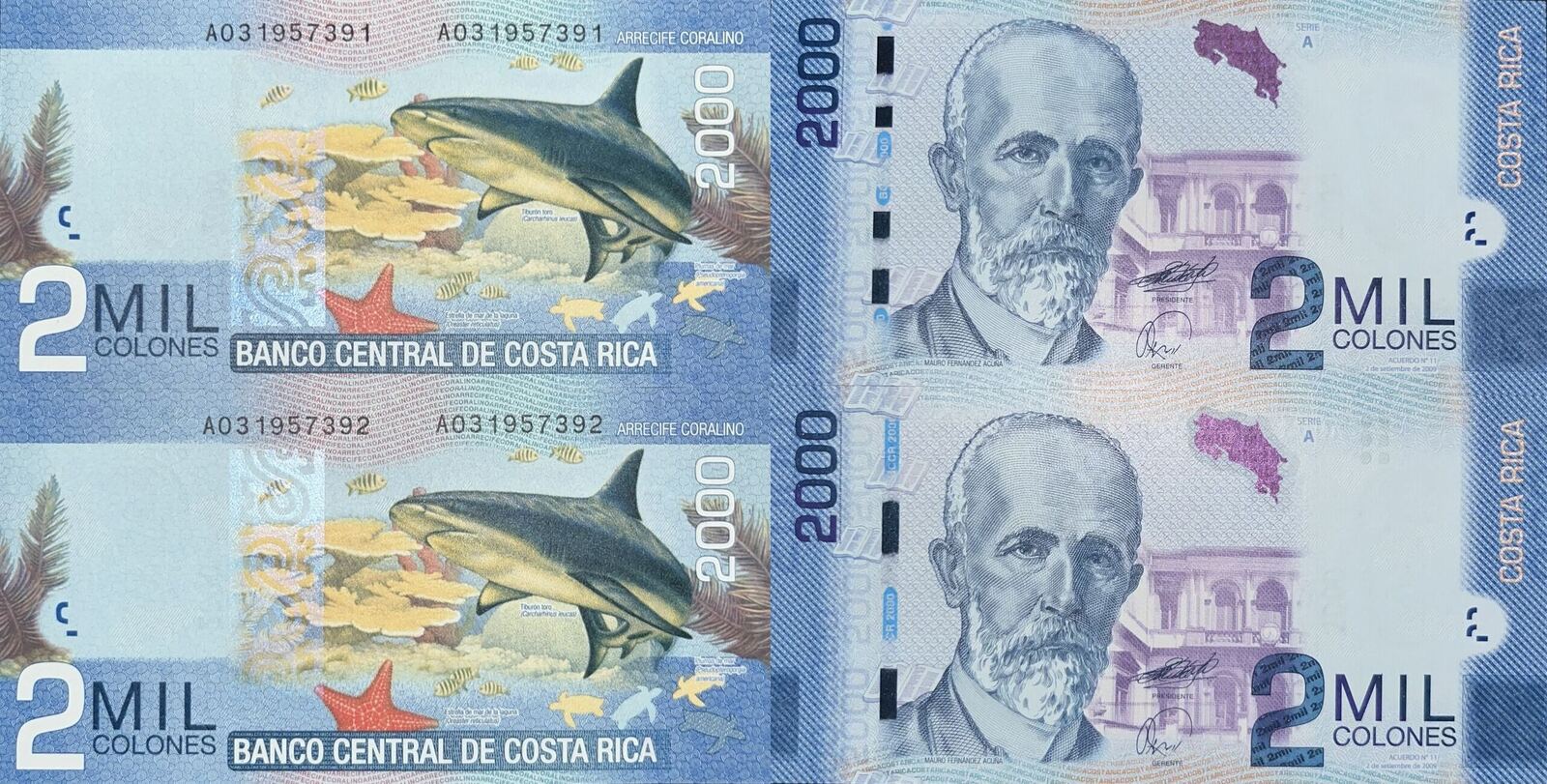 Costa Rica 2000 Colones 2009 zwei folgende Seriennummer, A031957391-2 ...