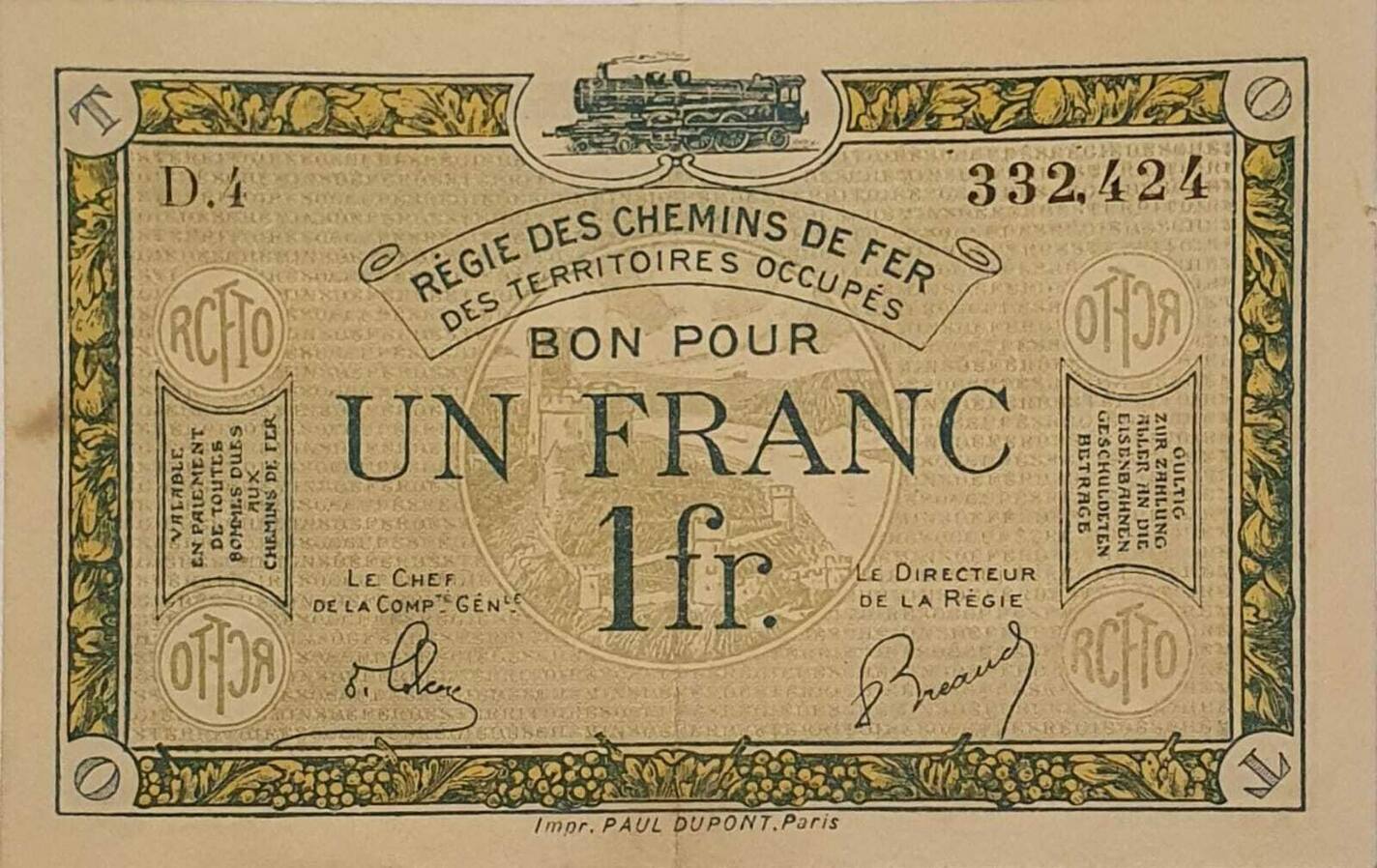 Deutsches Reich, Besetztes Rheinland 1 Franc 1923 Banknote EF+ | MA-Shops